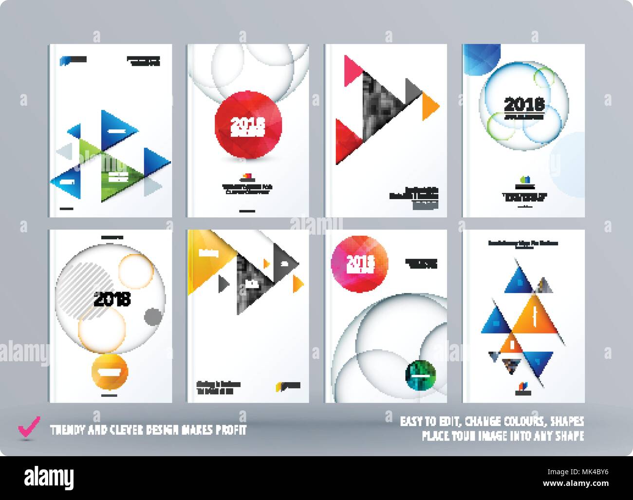 Brochure design triangular template. Colourful modern abstract set, annual report with triangles ...