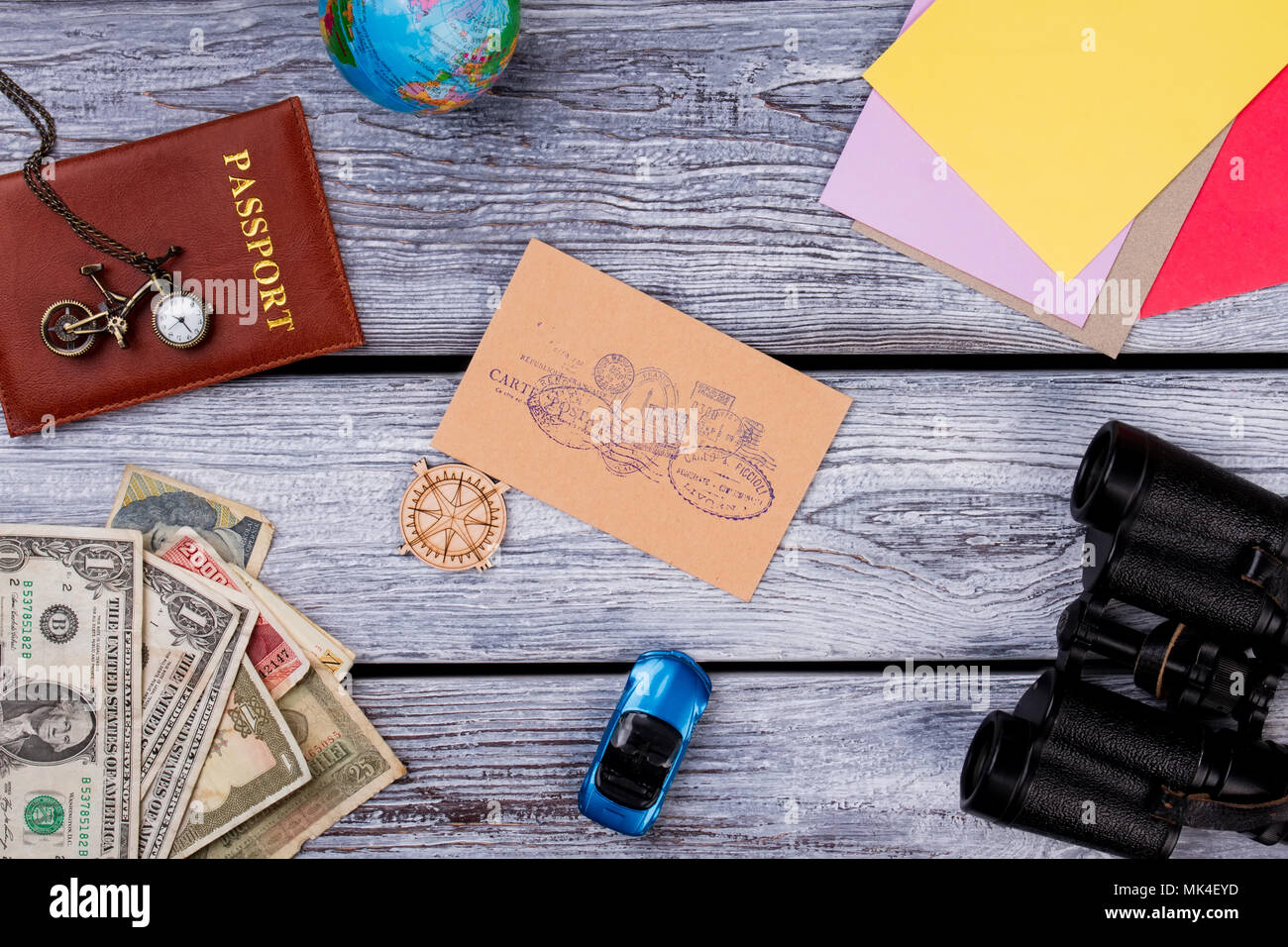 Travel and correspondence concept flat lay. Top view. Items arrangement ...