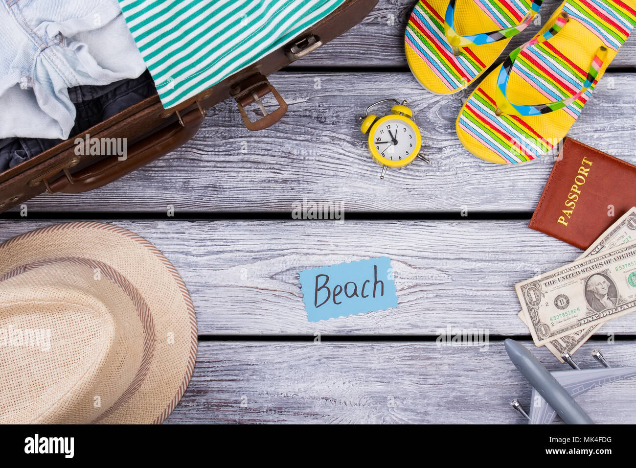 Beach items concept flat lay. Wooden desk surface background Stock ...