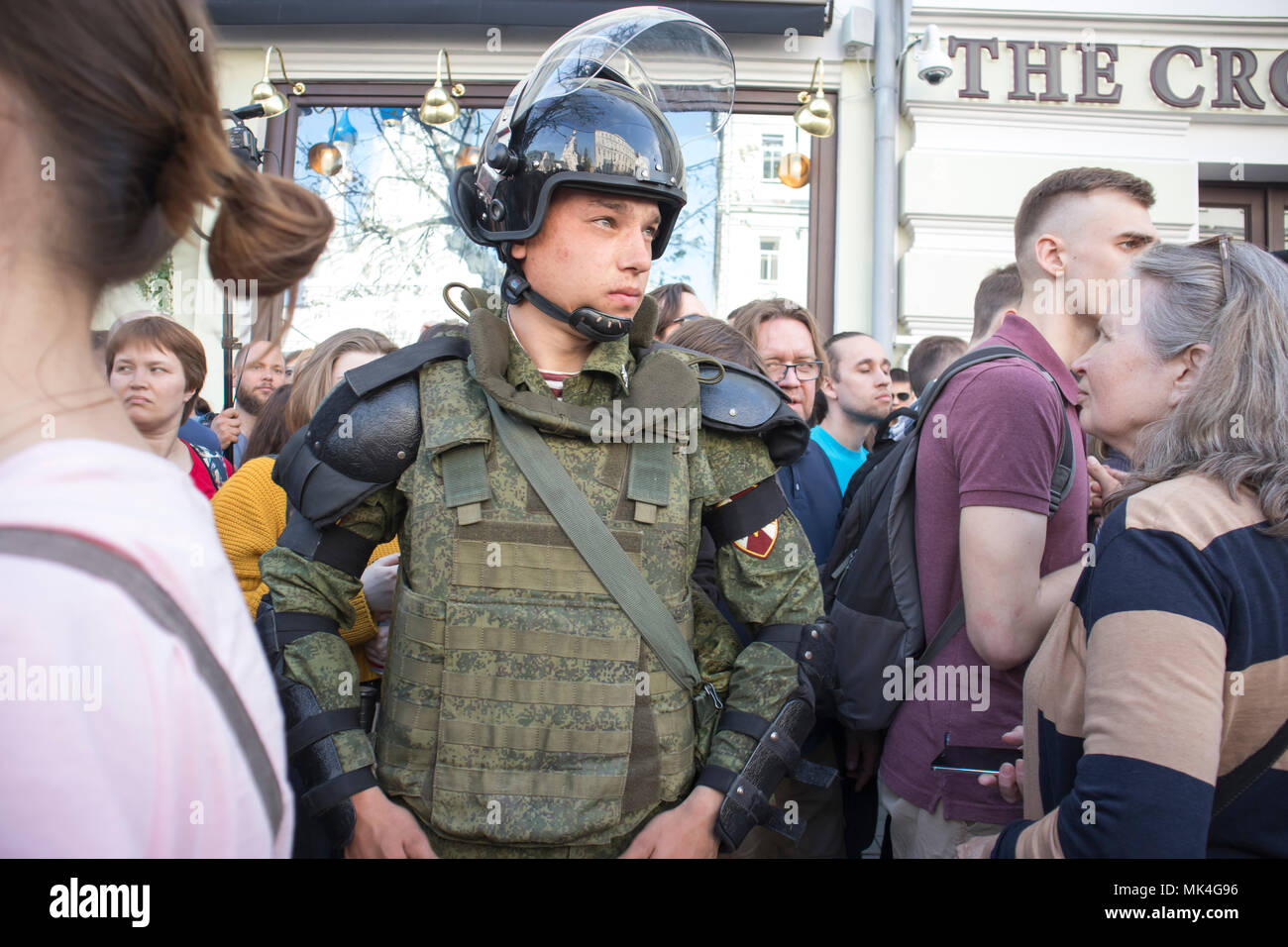 Moscow, RUSSIA - MAY 5, 2018: Police officers in riot gear at Pushkin ...