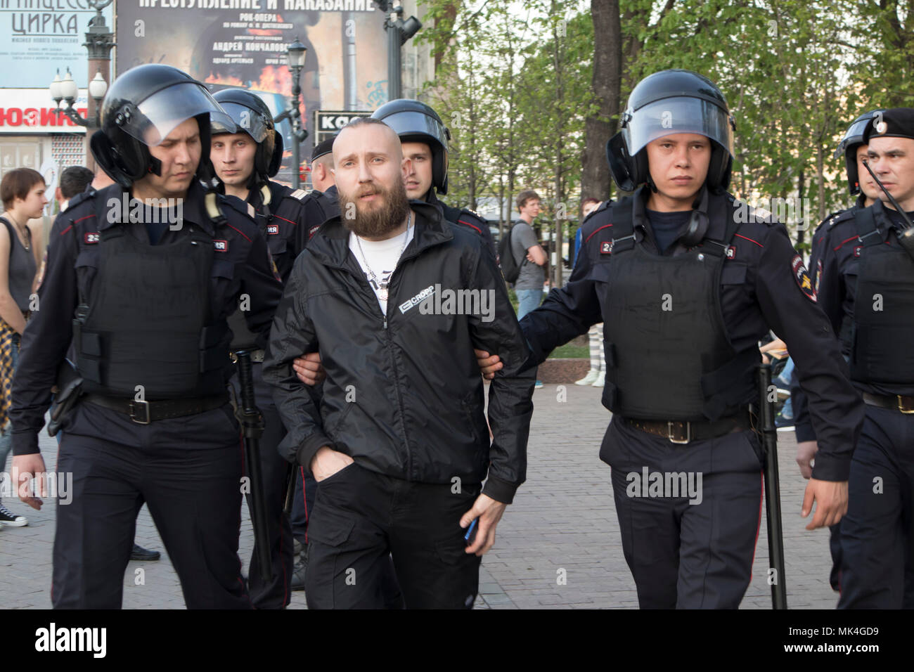 Moscow, RUSSIA - MAY 5, 2018: Police officers in riot gear at Pushkin ...