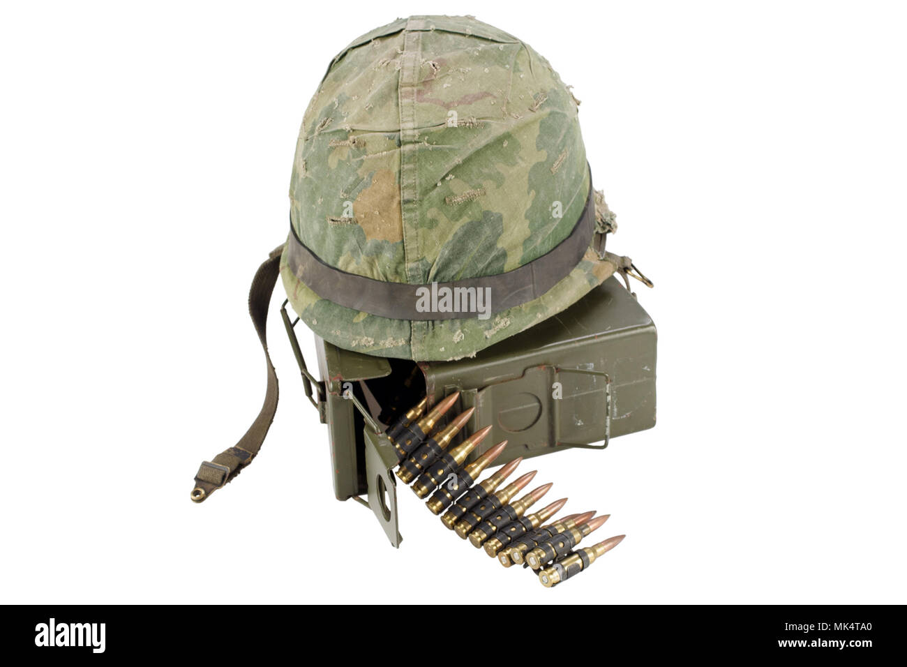 US Army Ammo Box with ammunition belt and helmet isolated on white ...