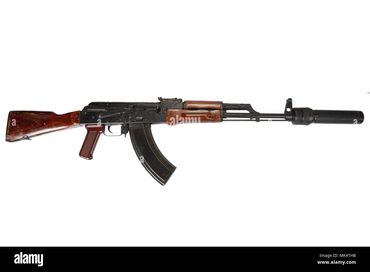 AK 47 assault rifle with sound suppressor (silencer) isolated on white ...