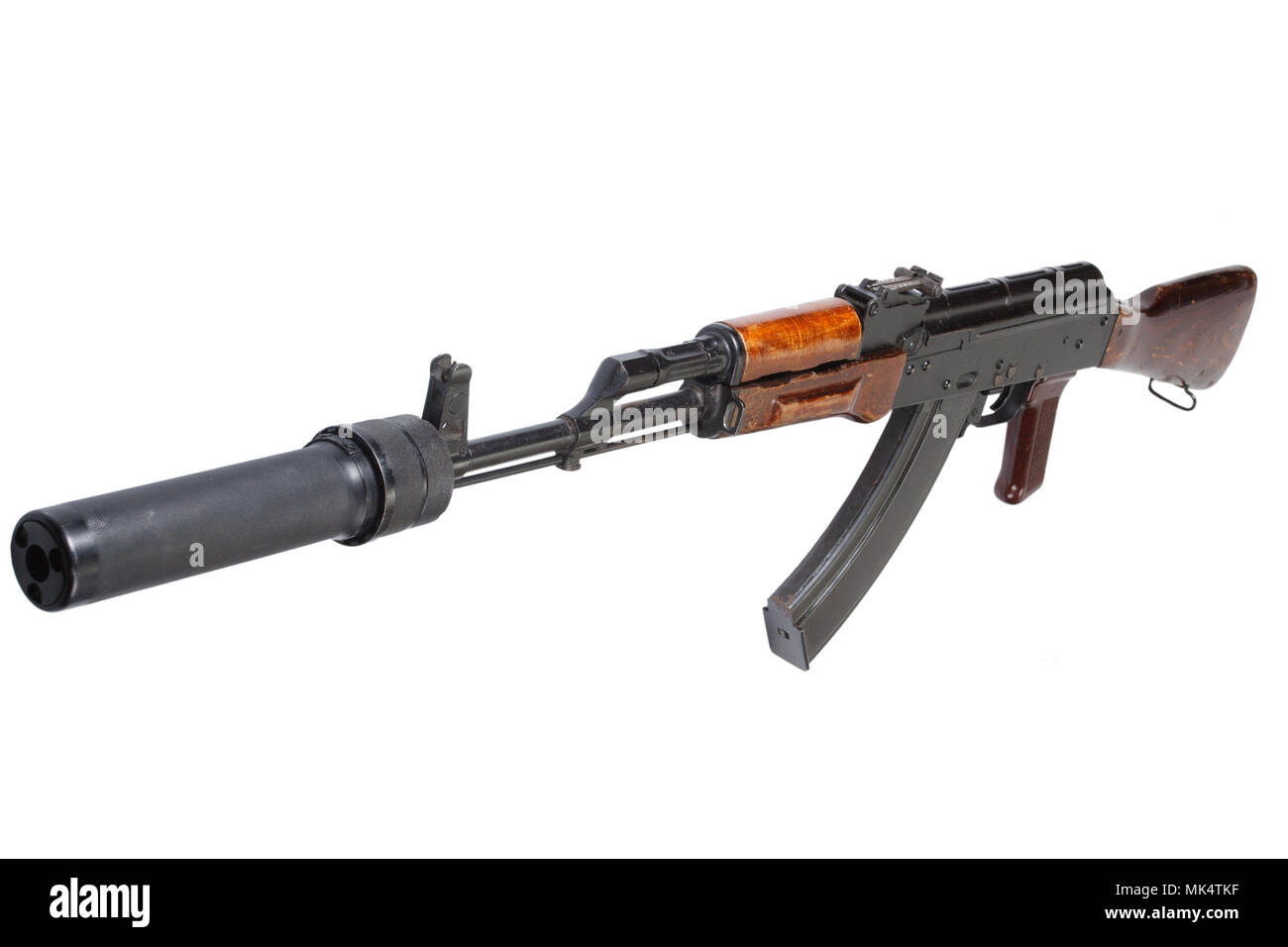 AK 47 assault rifle with sound suppressor (silencer) isolated on white ...
