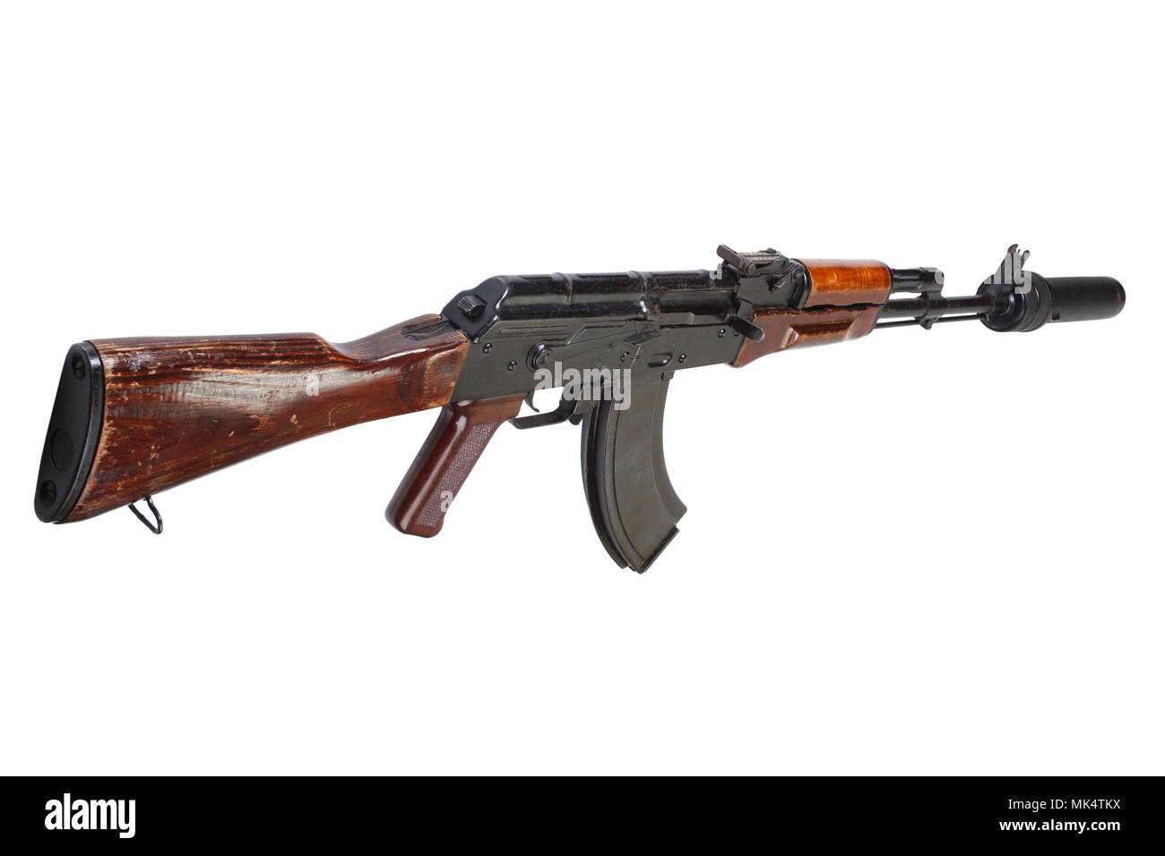 AK 47 assault rifle with sound suppressor (silencer) isolated on white ...