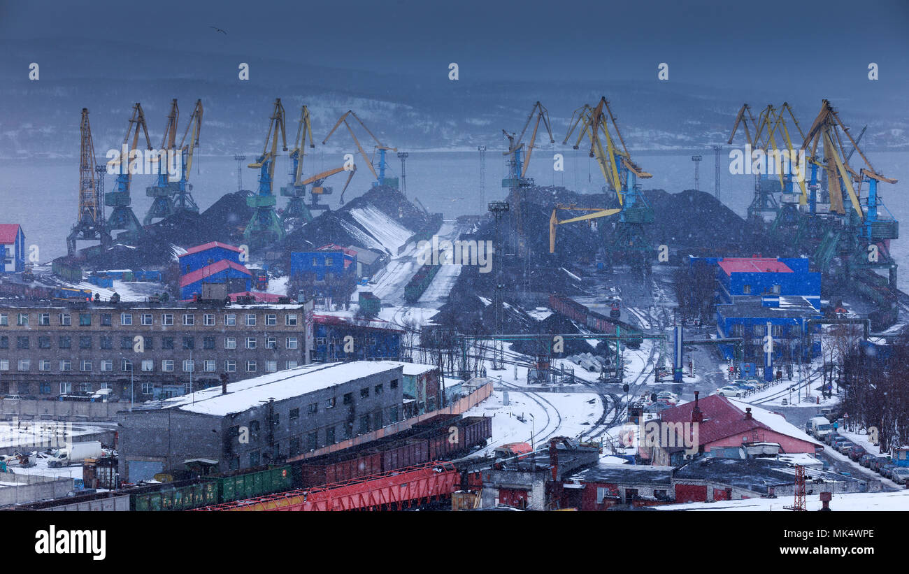 Murmansk, RUSSIA - March 31 2014, panoramic view on coal terminal ...