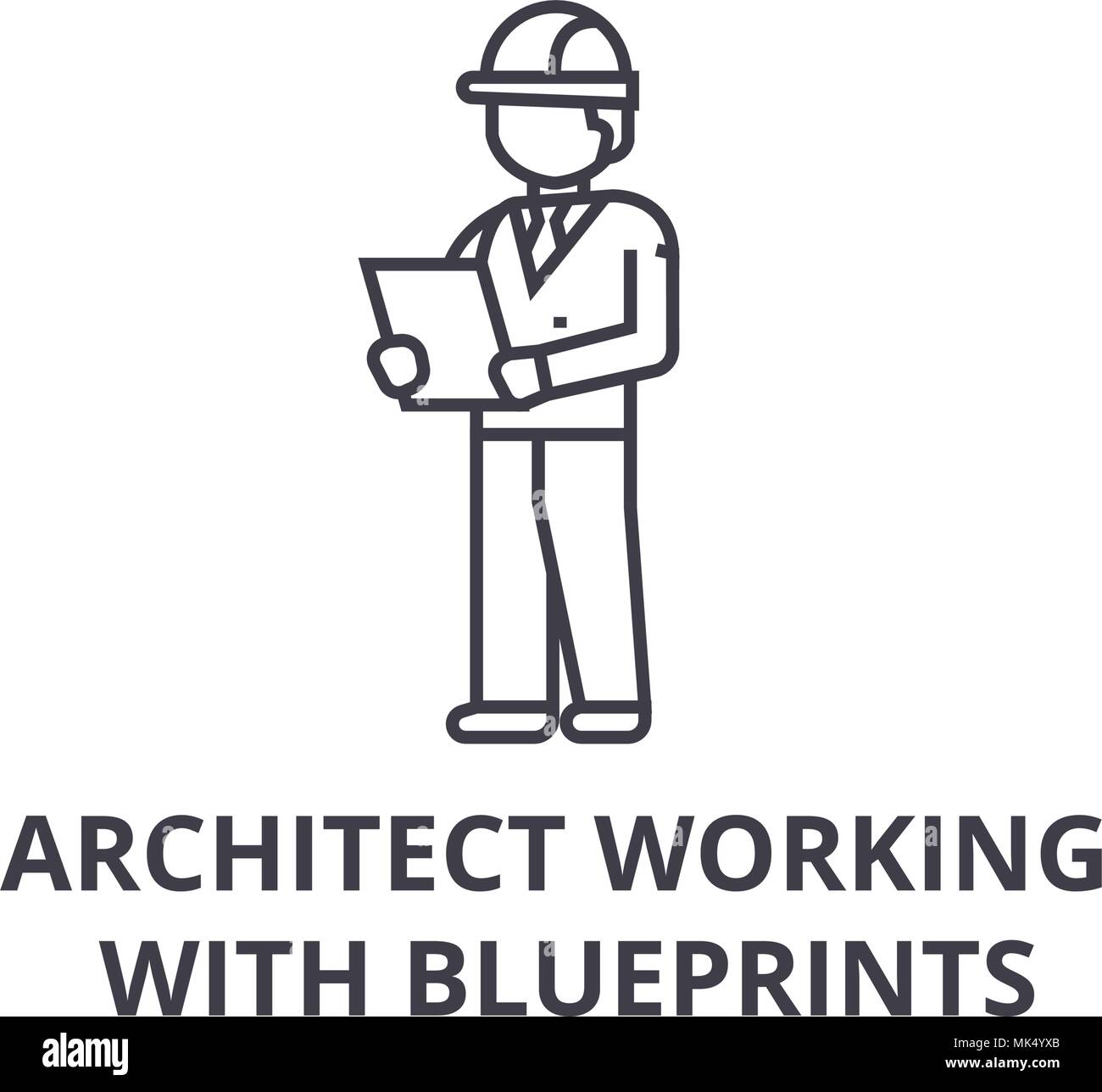 architect working with blueprints vector line icon, sign, illustration ...