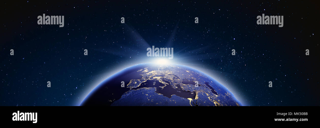 Europe sunrise panorama. 3d rendering Stock Photo - Alamy