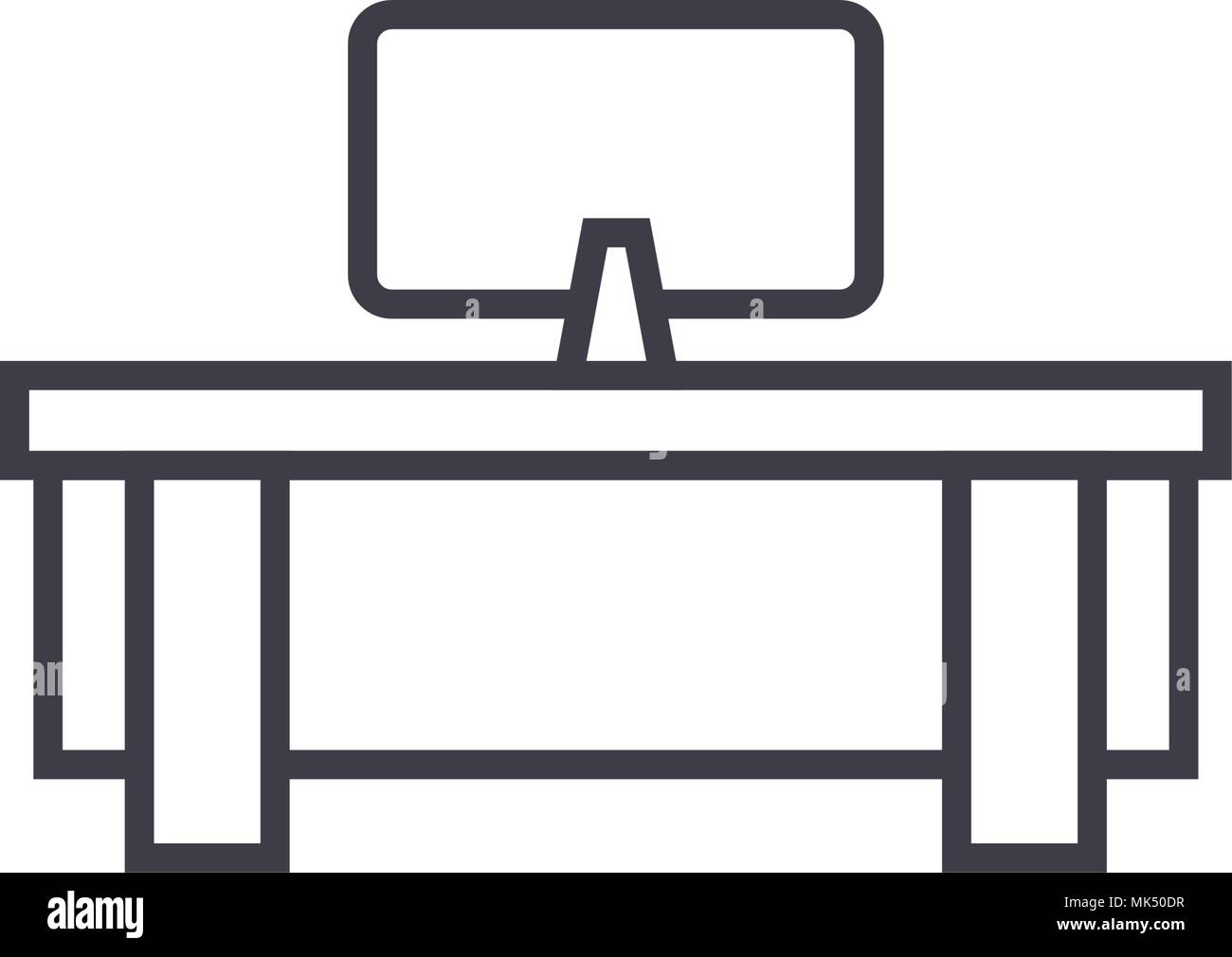 computer table vector line icon, sign, illustration on white background ...