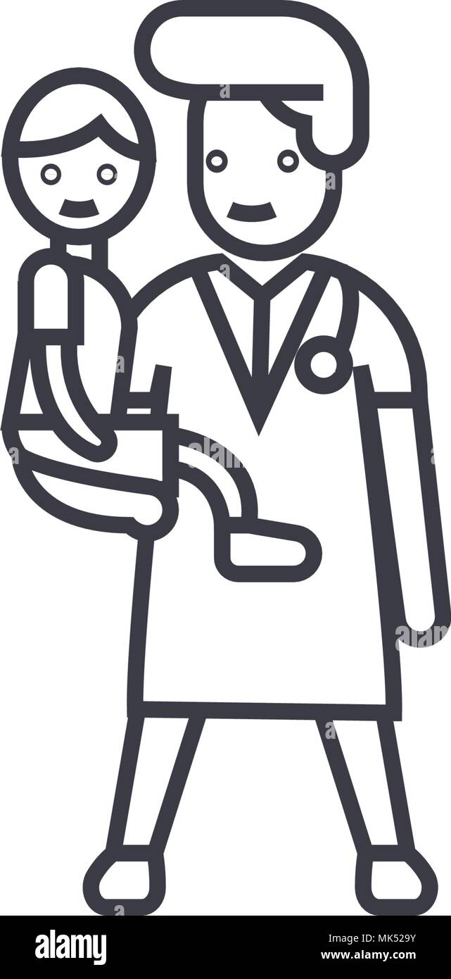 doctor with a child vector line icon, sign, illustration on background ...