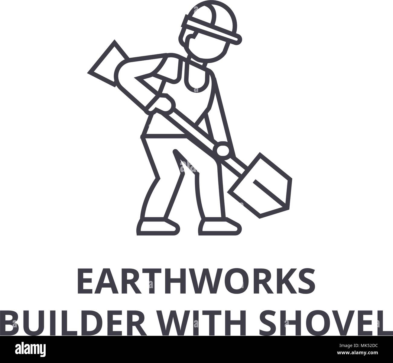 earthworks, builder with showel vector line icon, sign, illustration on ...