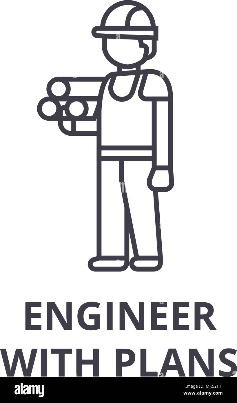 engineer with plans vector line icon, sign, illustration on background ...