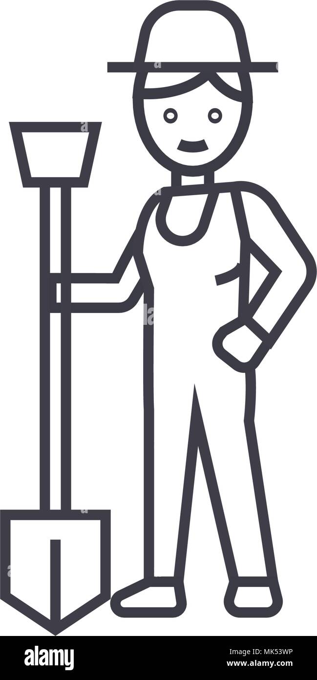man with a shovel vector line icon, sign, illustration on background ...
