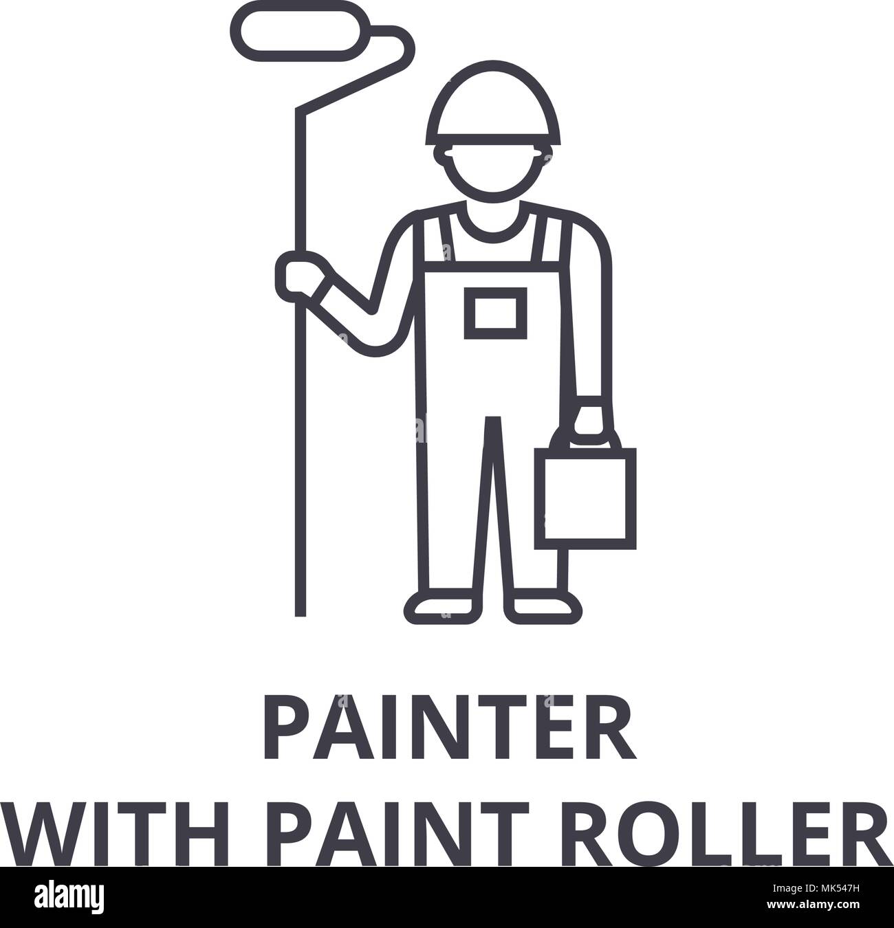 painter with paint roller vector line icon, sign, illustration on ...