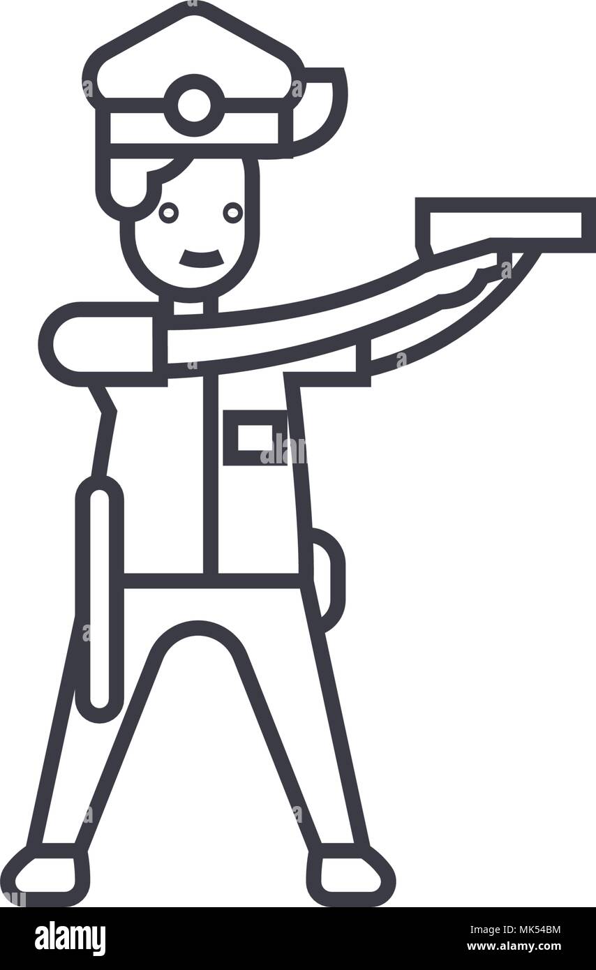 policeman aiming vector line icon, sign, illustration on background ...