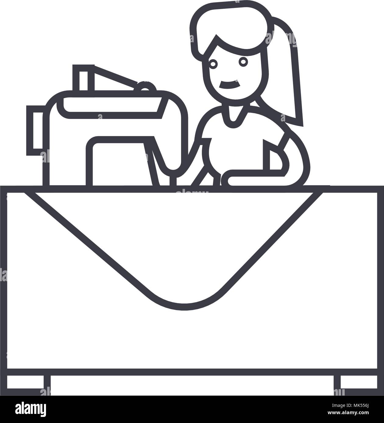 sewing woman vector line icon, sign, illustration on background ...