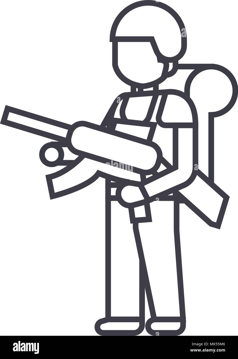 soldier with a rifle vector line icon, sign, illustration on background ...