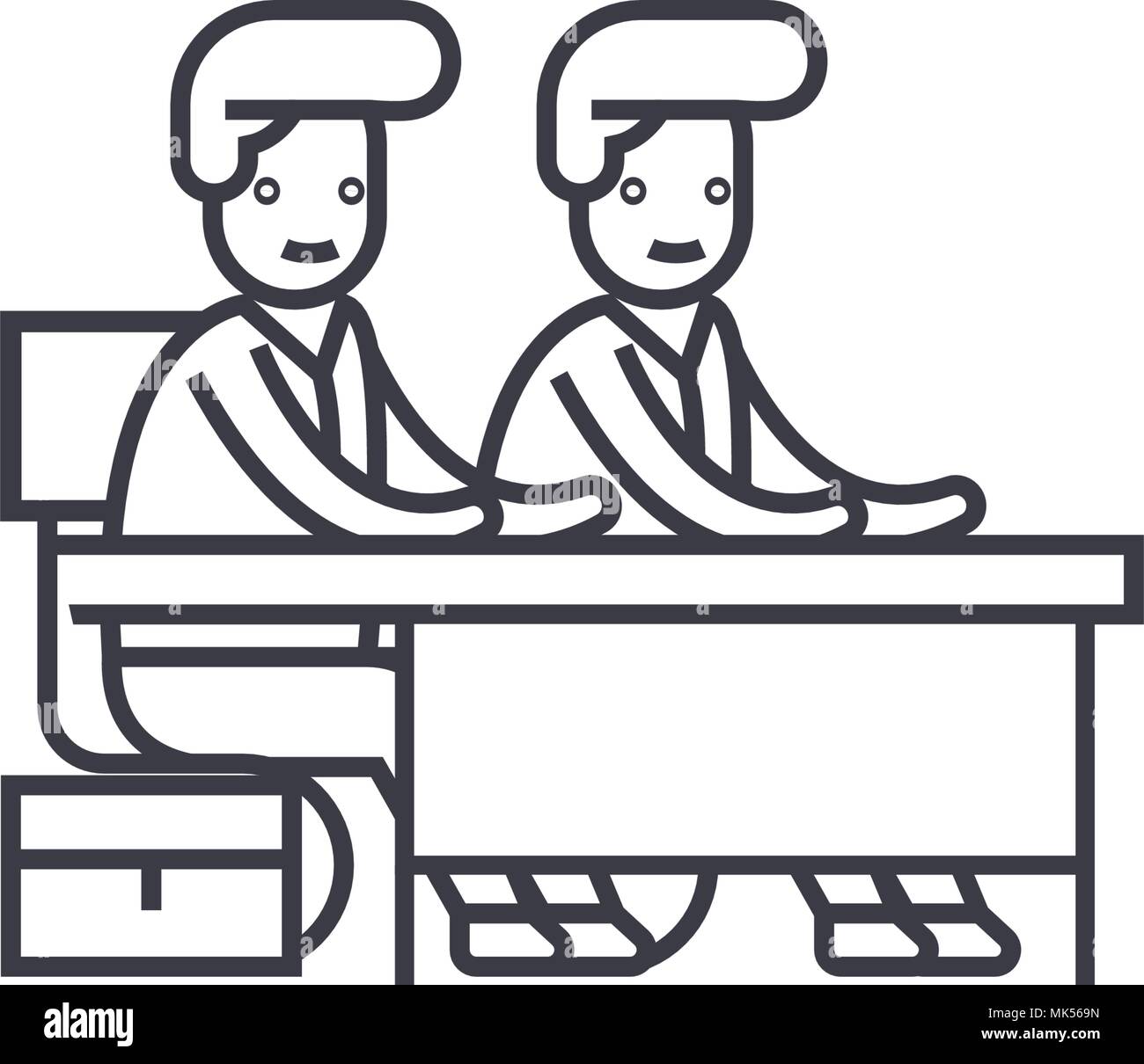 two students at the desk vector line icon, sign, illustration on ...