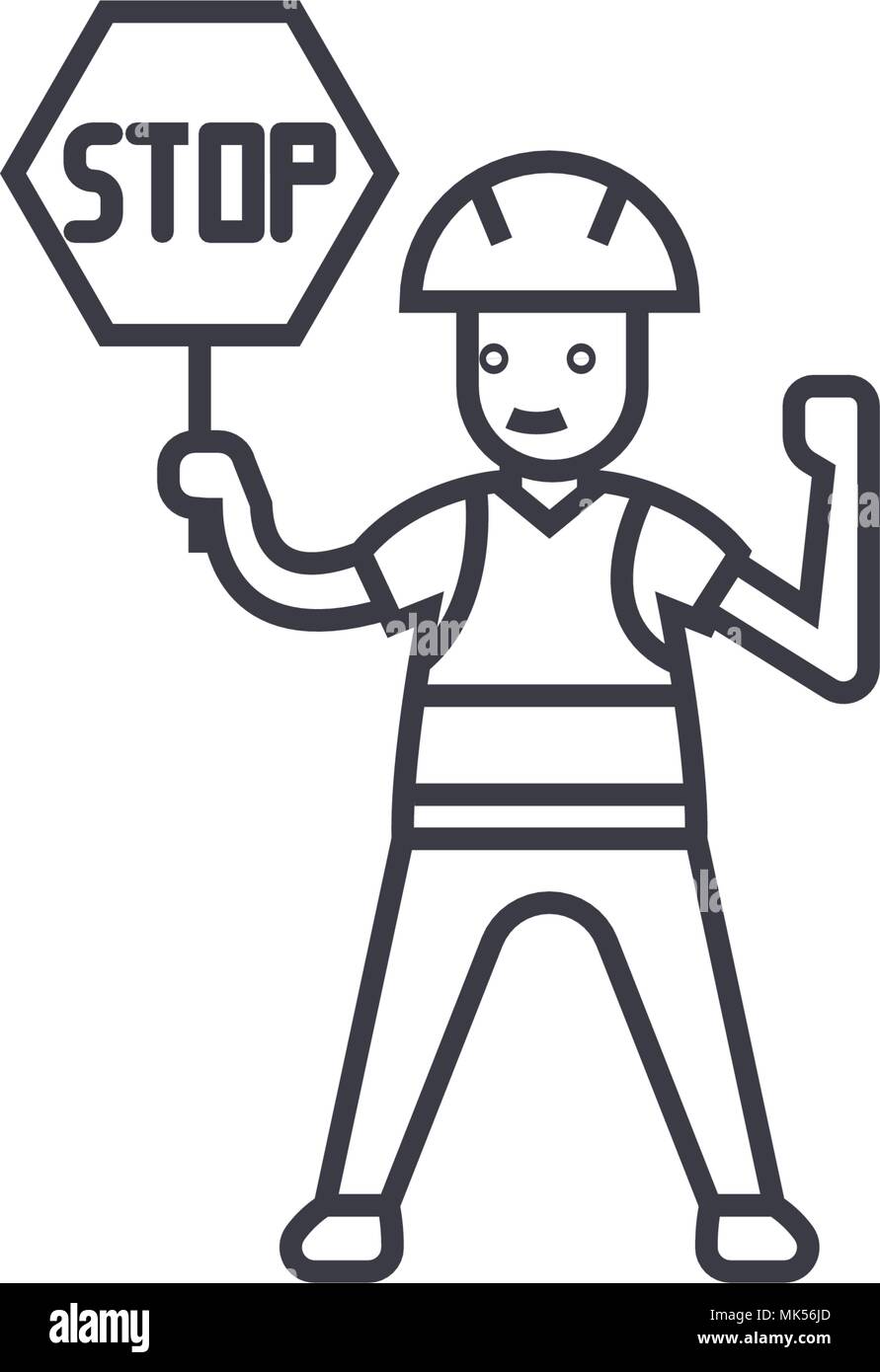 worker with a stop sign vector line icon, sign, illustration on ...