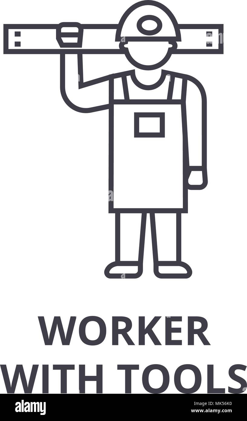 worker with tools vector line icon, sign, illustration on background ...