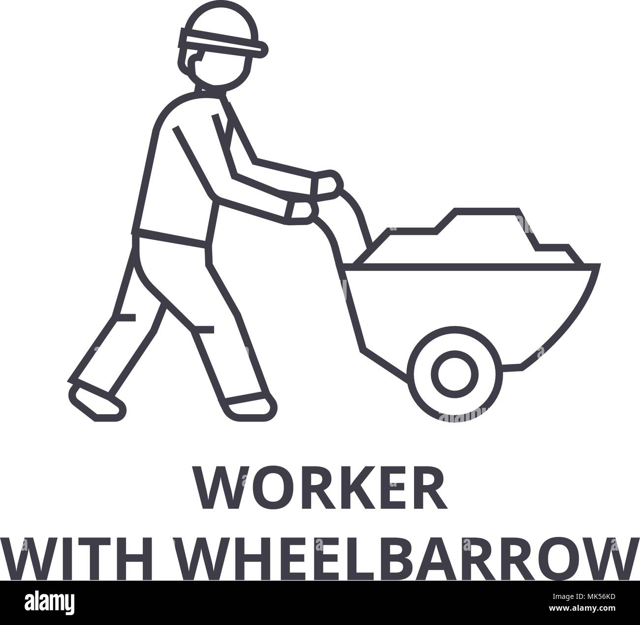 worker with wheelbarrow vector line icon, sign, illustration on ...