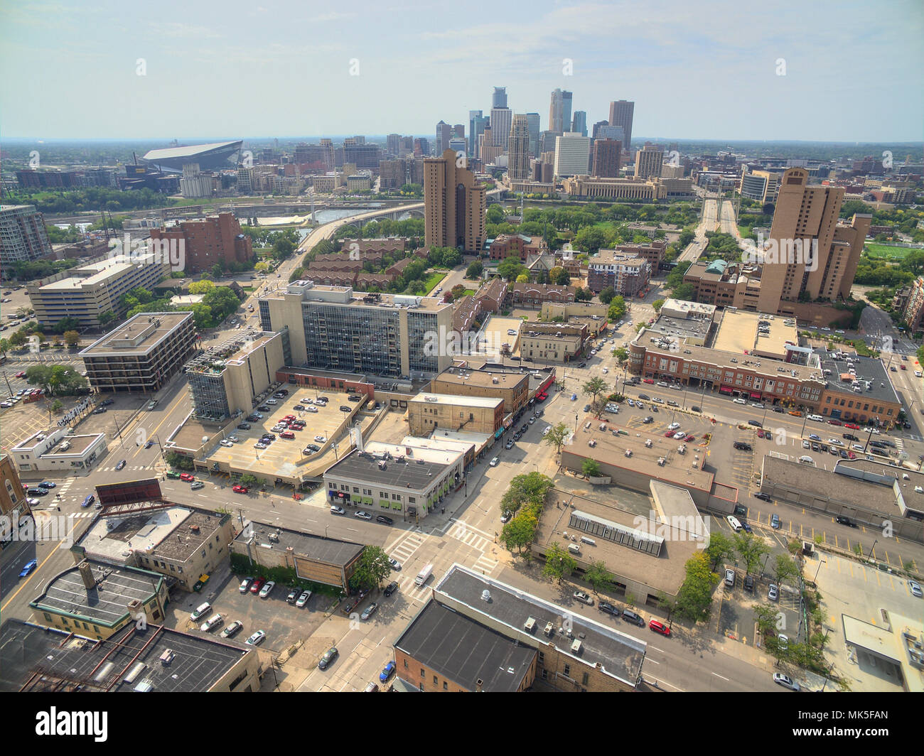Minneapolis, Minnesota Skyline seen from above by Drone in Spring Stock ...