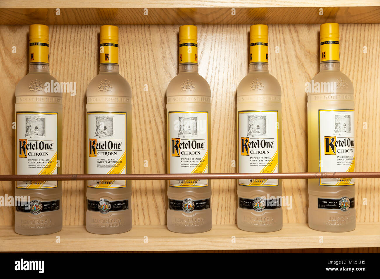 New York, NY - May 5, 2018: Bottles of Ketel One vodka on display ...