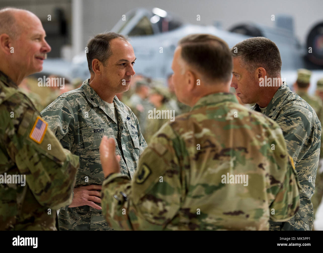 Brig. Gen. Brad Richy, the director of the joint staff Idaho, talks with Brig. Gen. Jeremy Horn ...