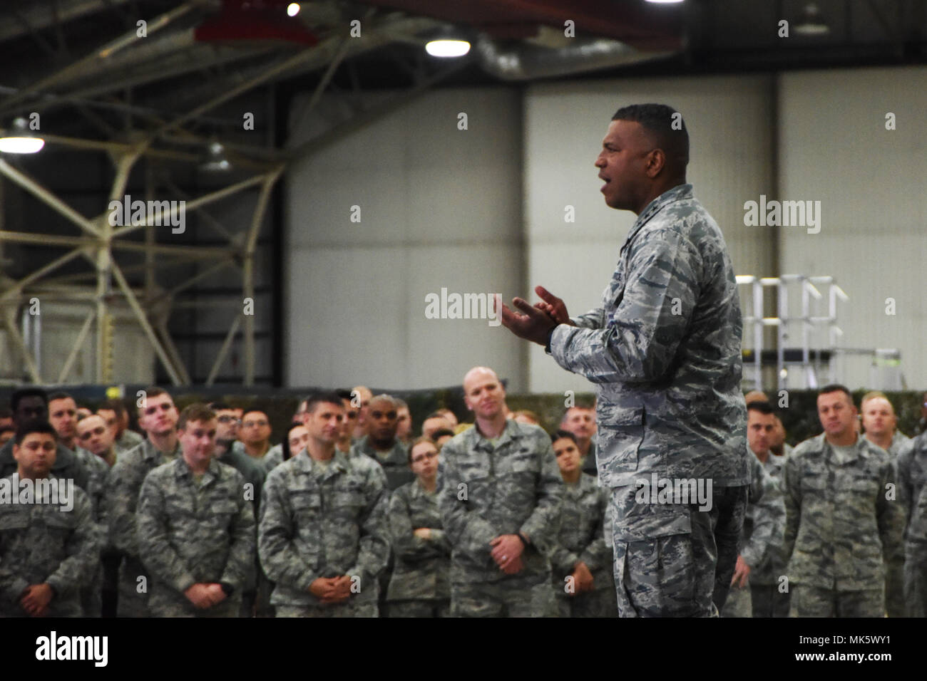 Lt. Gen. Richard M. Clark, 3rd Air Force Commander, speaks to a crowd ...