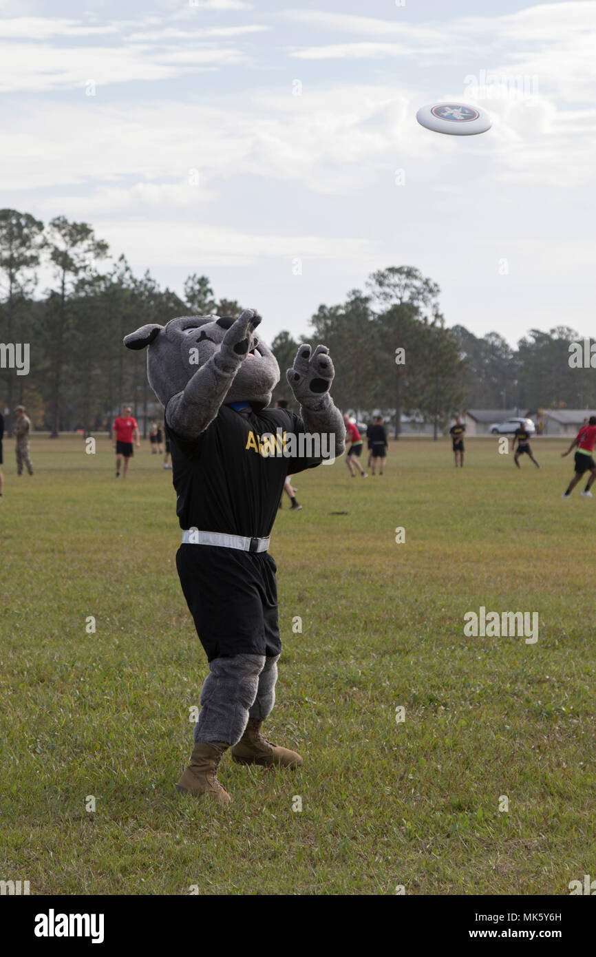 Sgt. Rocky, 3rd Infantry Division's mascot, plays frisbee with Soldiers ...