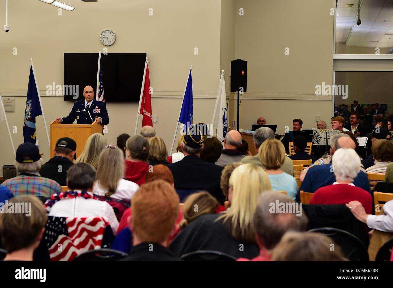 Col. David Miller Jr., 460th Space Wing commander, addresses a room ...