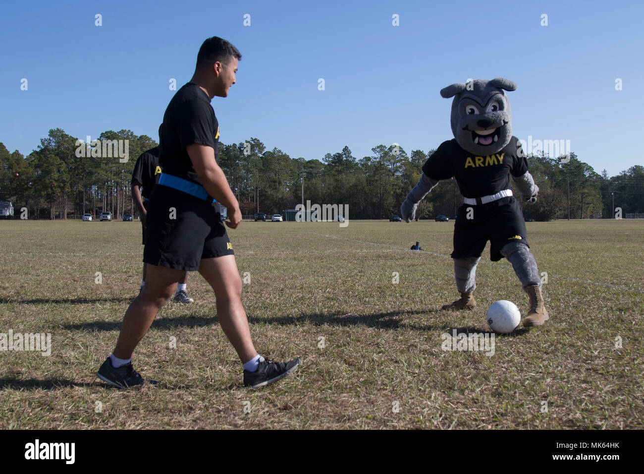 Sgt. Rocky, 3rd Infantry Division's mascot, plays a little ball with ...