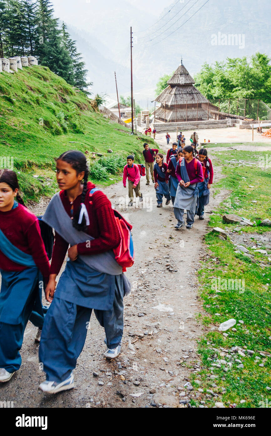 Nagar, Himachal Pradesh, India : Indian schoolchidren walk on a steep ...