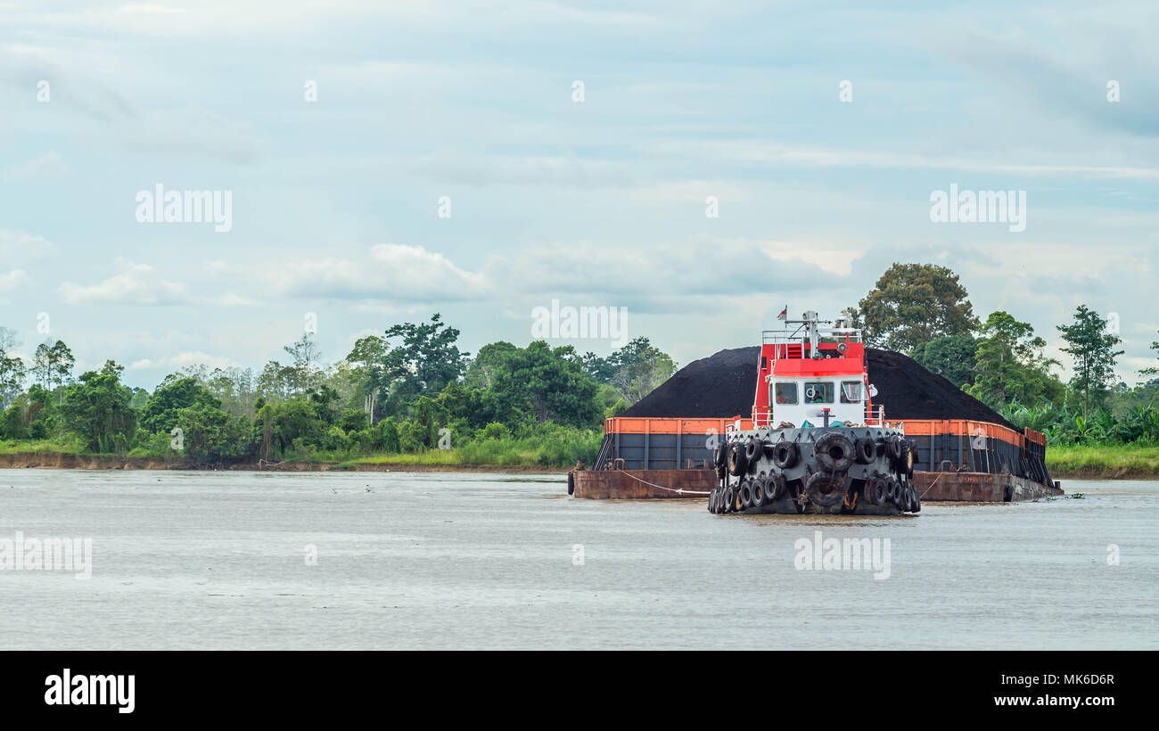 tugboat pulling heavy loaded barge of black coal in the Mahakam river ...