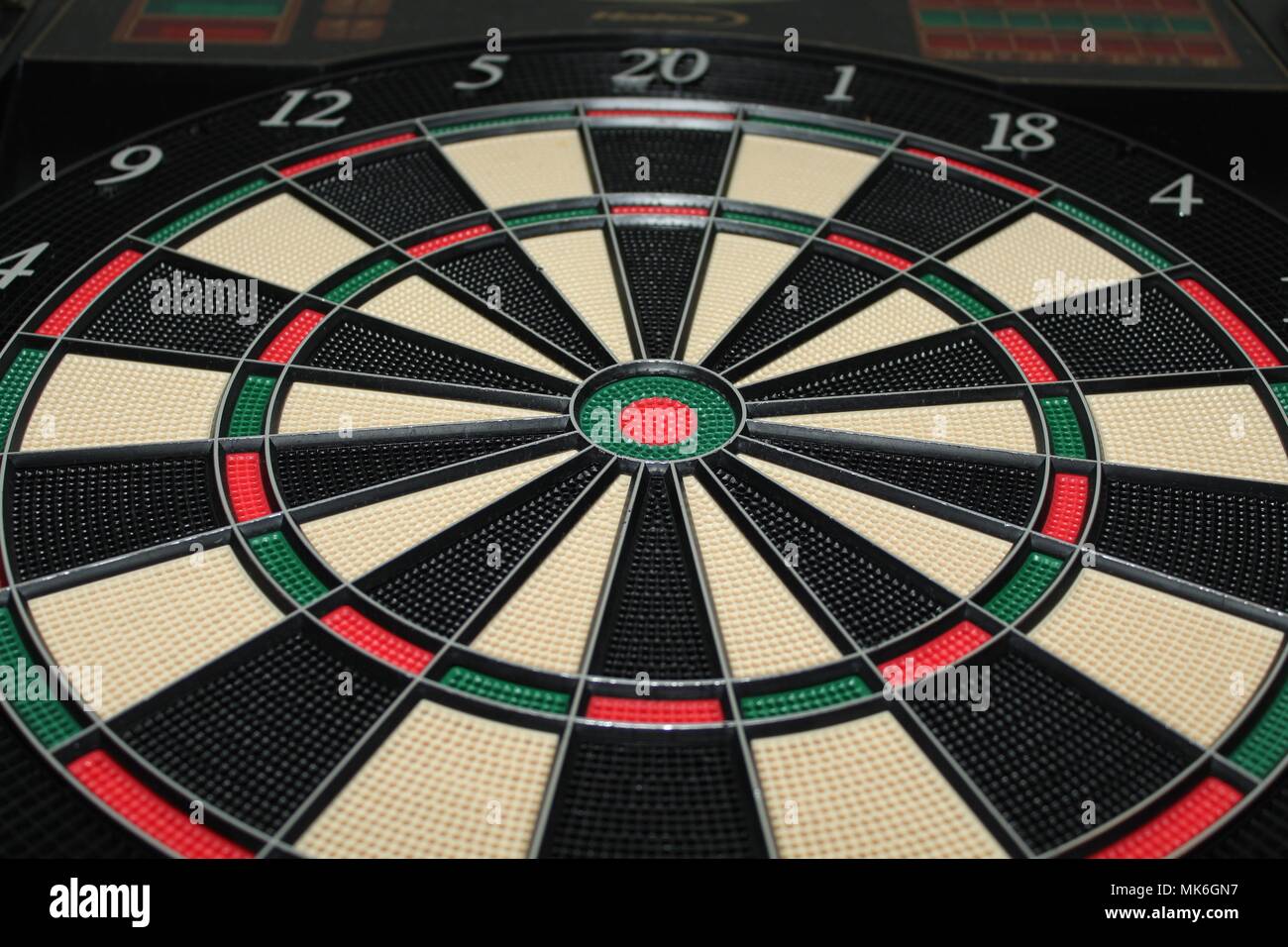view of an electonic dart board from down hear the bottom, looking up ...