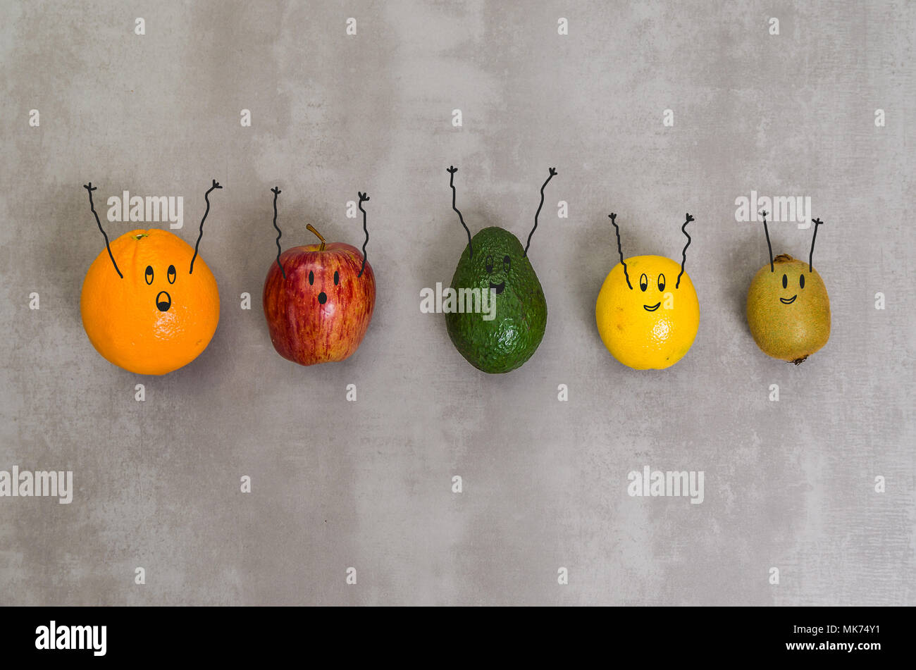 Great concept of healthy eating, diverse fruits with happy faces and ...