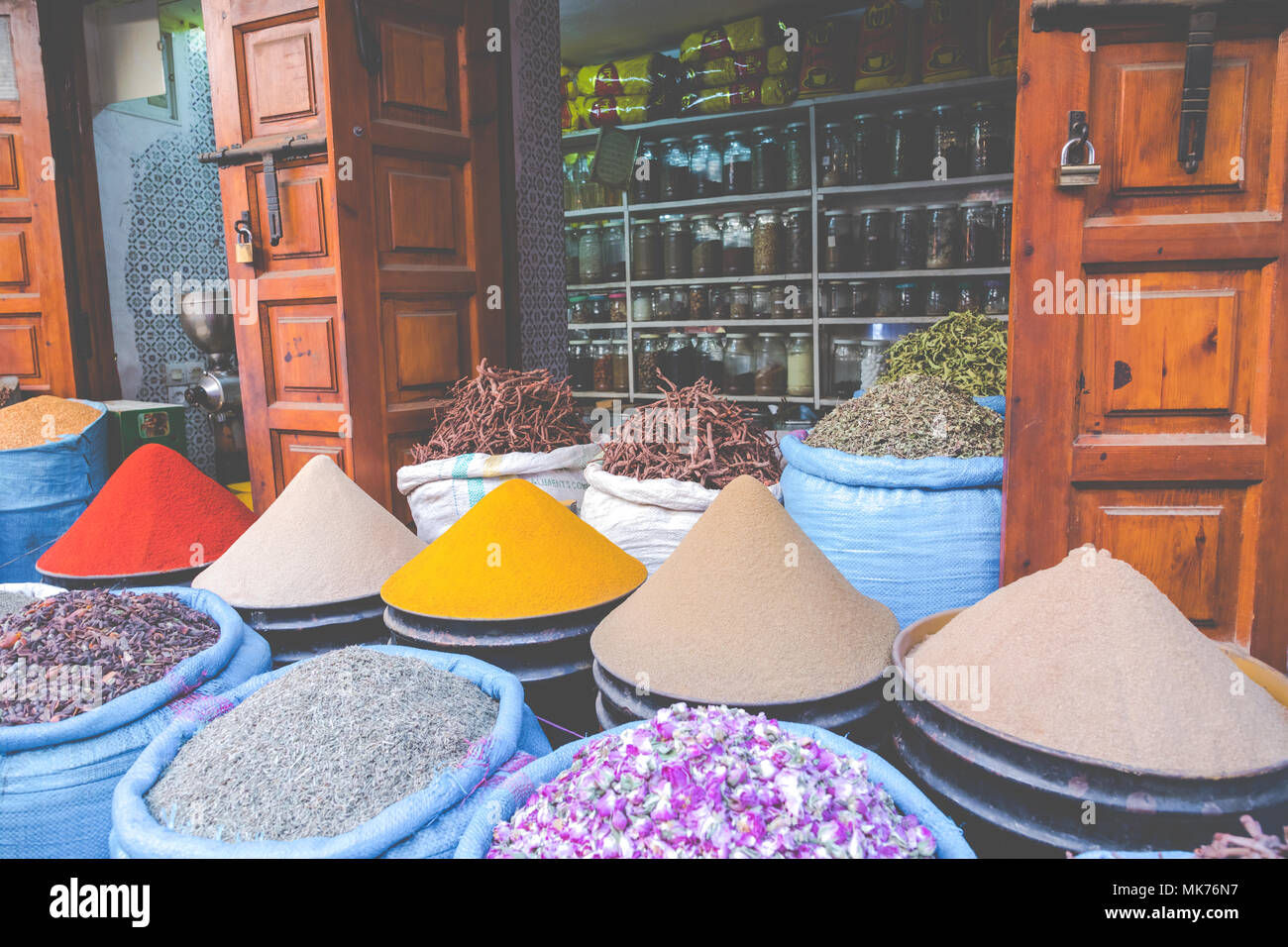 Selection of spices on a traditional Moroccan market (souk) in ...