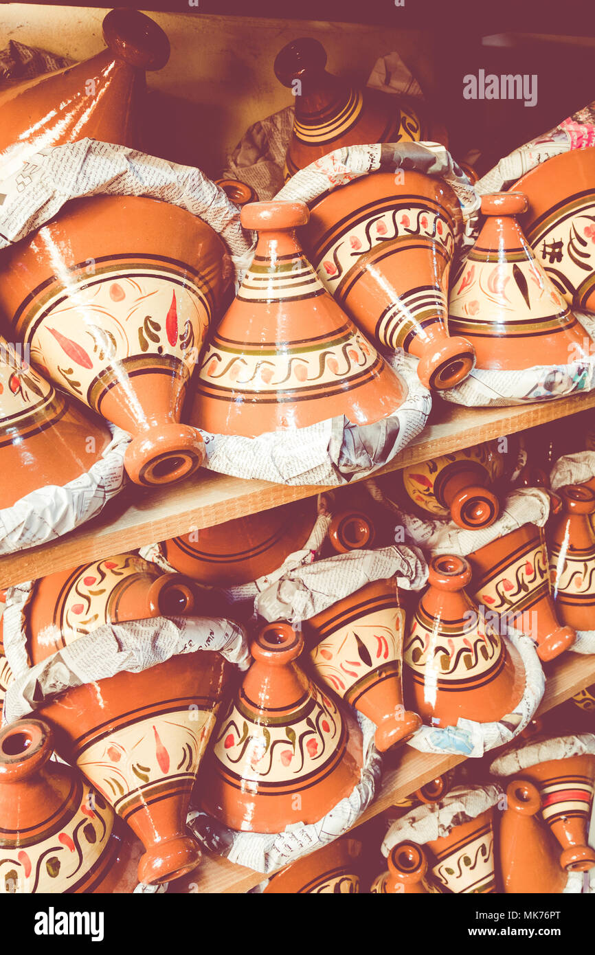 Selection of very colorful Moroccan tajines. Traditional dish, meat and ...