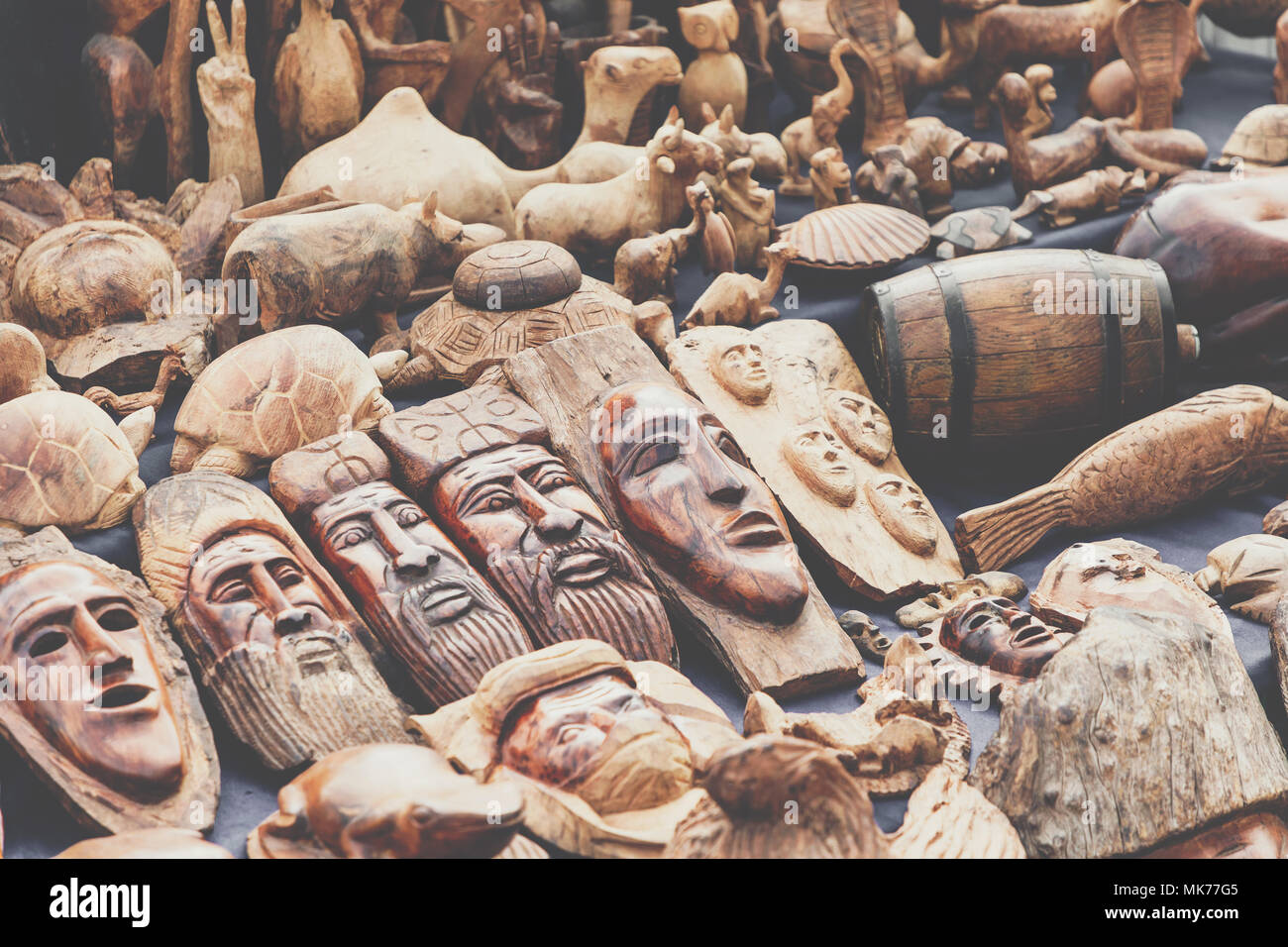 African masks, Morocco. Gift shop in Agadir Stock Photo - Alamy