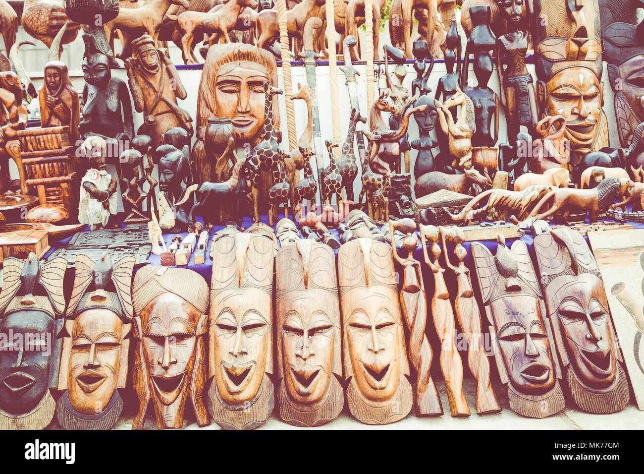 African masks, Morocco. Gift shop in Agadir Stock Photo - Alamy