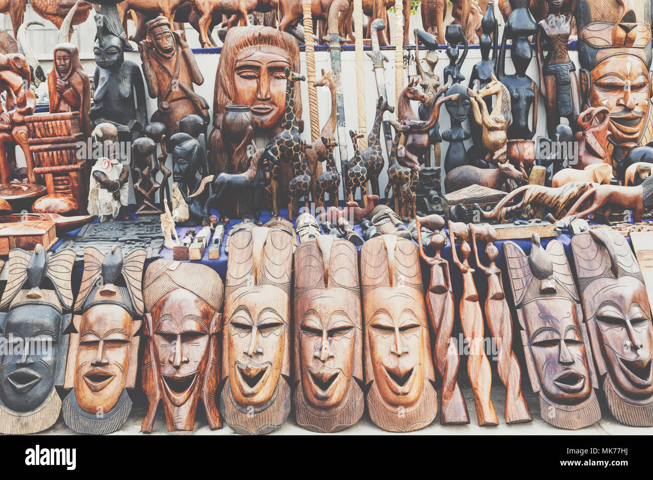African masks, Morocco. Gift shop in Agadir Stock Photo - Alamy