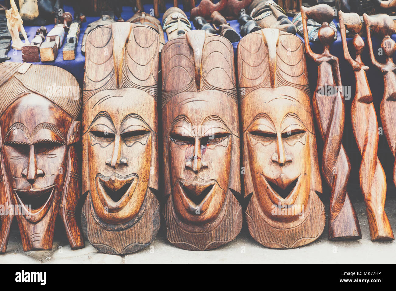 African masks, Morocco. Gift shop in Agadir Stock Photo - Alamy