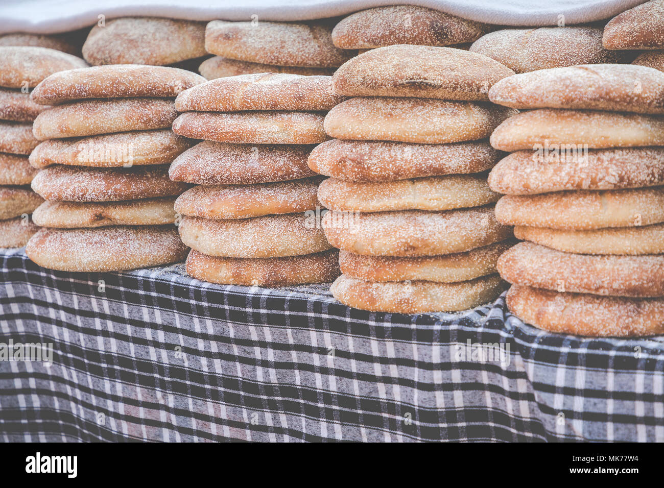 Typical traditional Moroccan bread on street food stall, Marrakesh ...