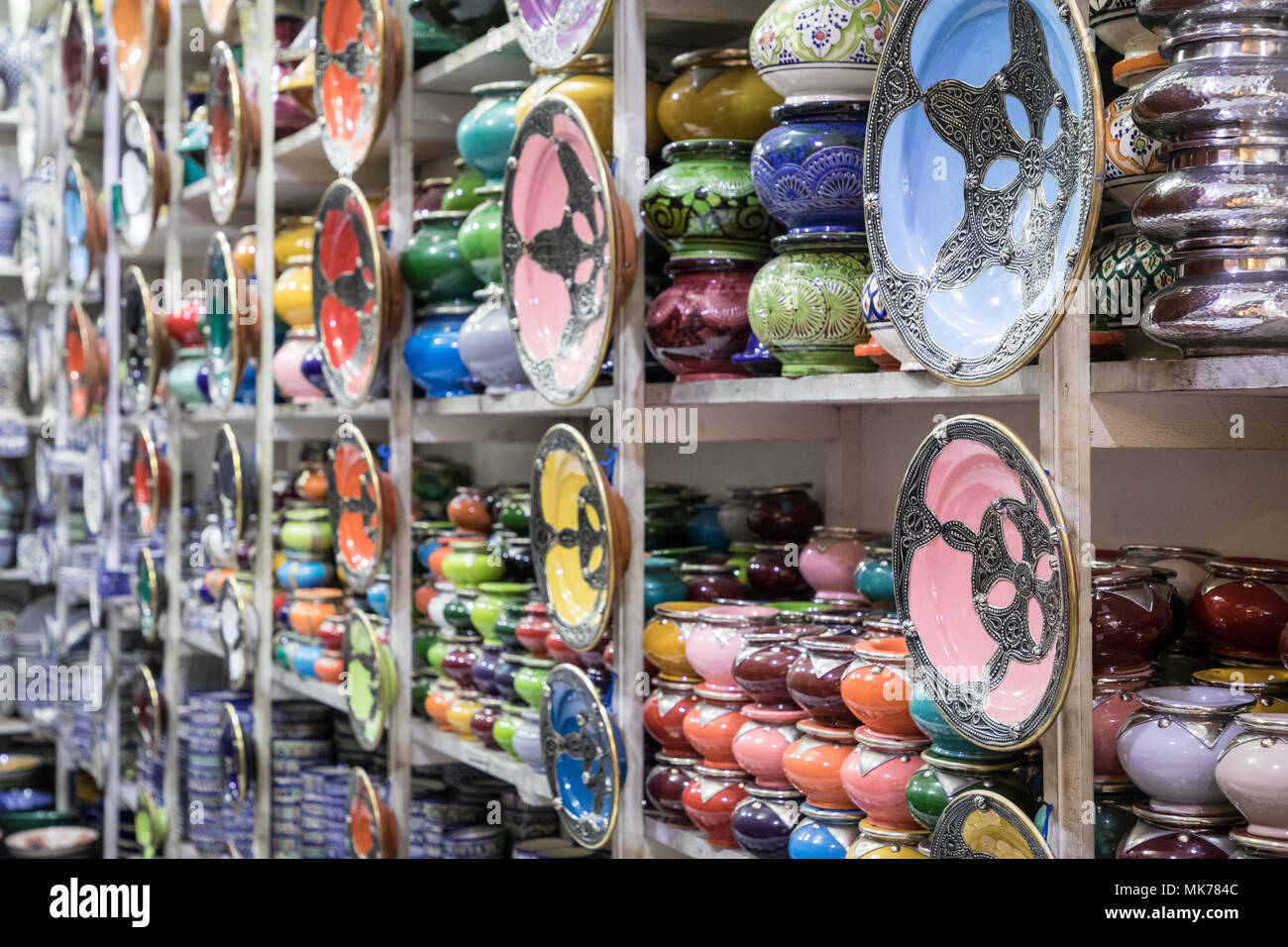Traditional arabic handcrafted, colorful decorated plates in Morocco ...