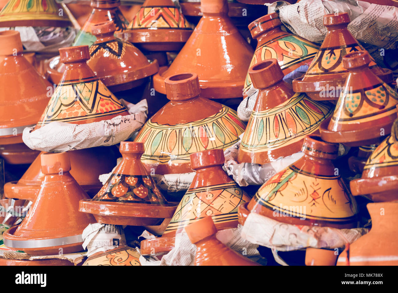 Selection of very colorful Moroccan tajines. Traditional dish, meat and ...