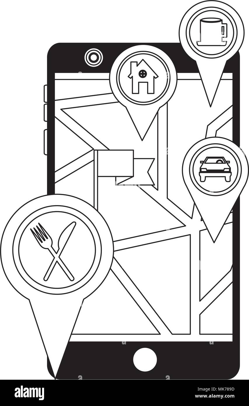 smartphone with gps application and important places vector ...