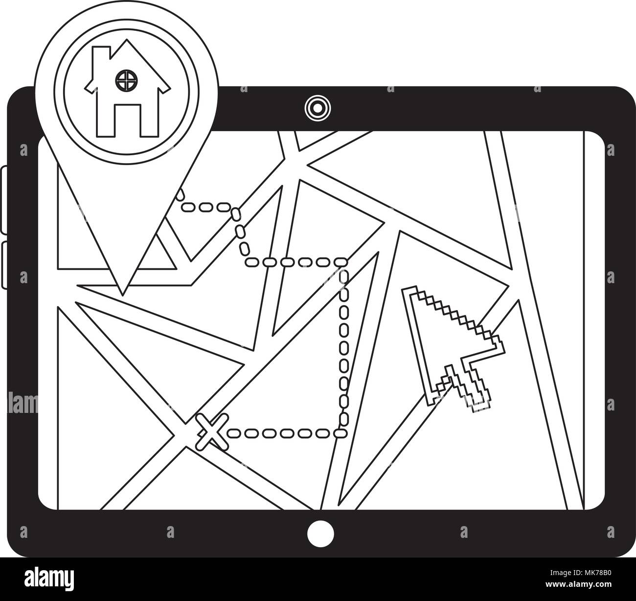 tablet with gps application and pin location house vector illustration ...