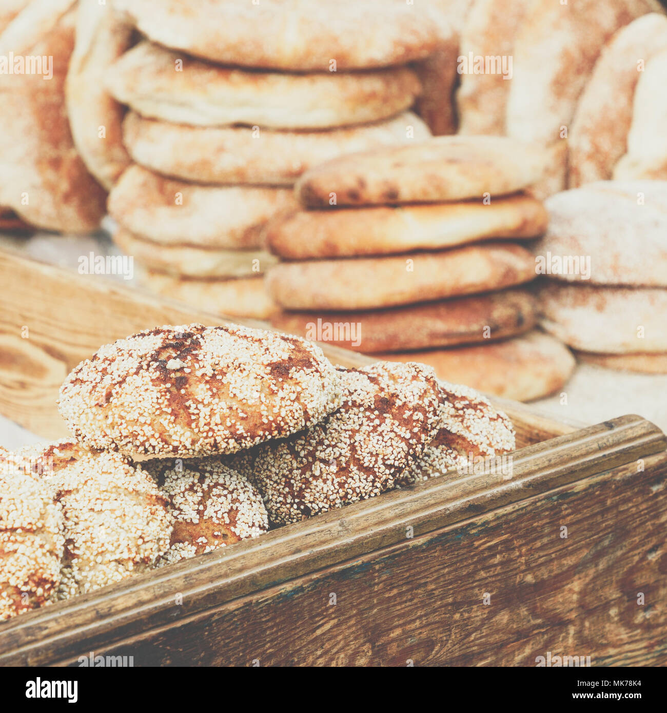 Typical traditional Moroccan bread sesame seeds on street food stall ...