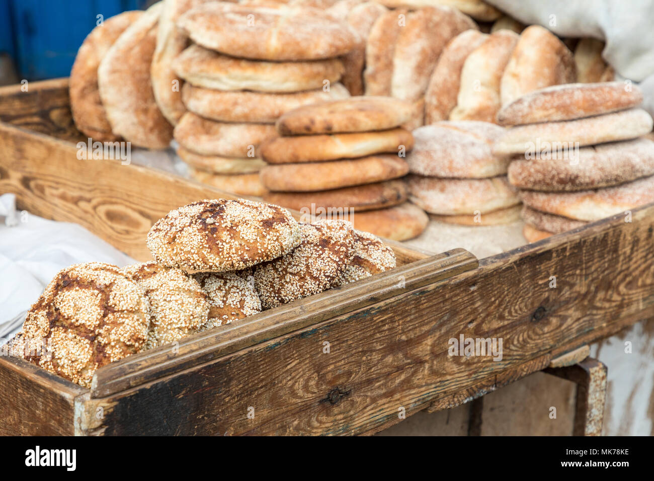 Typical traditional Moroccan bread sesame seeds on street food stall ...