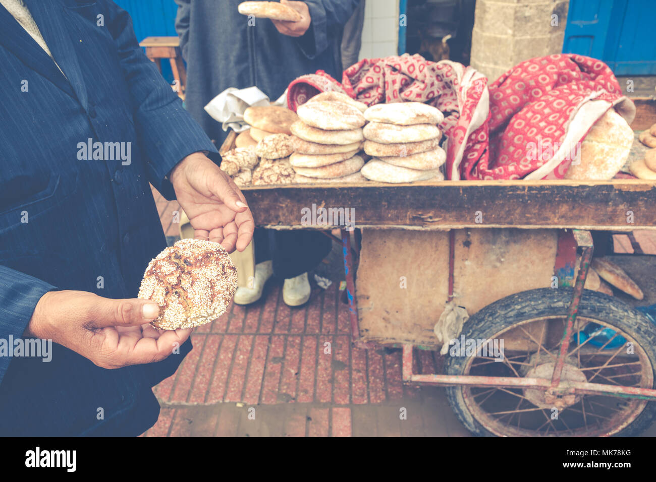 Typical traditional Moroccan bread sesame seeds on street food stall ...